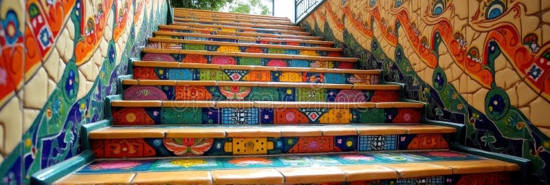 Colorful Hand-painted Tile Staircase with Vibrant Patterns and Art ...
