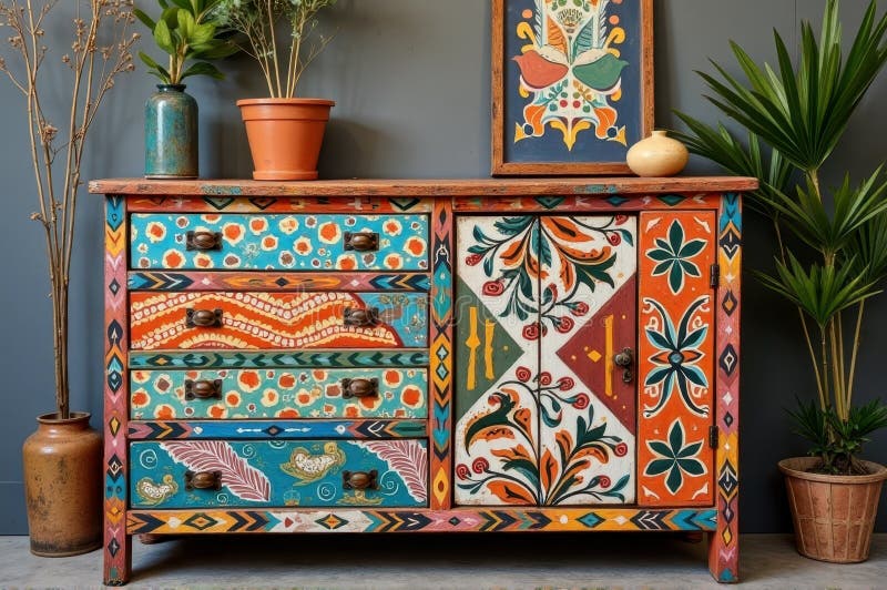 Colorful Hand-painted Vintage Dresser with Floral Patterns and Artistic ...
