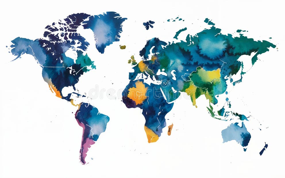A Colorful, Hand-painted World Map Using Watercolor. Stock Illustration ...