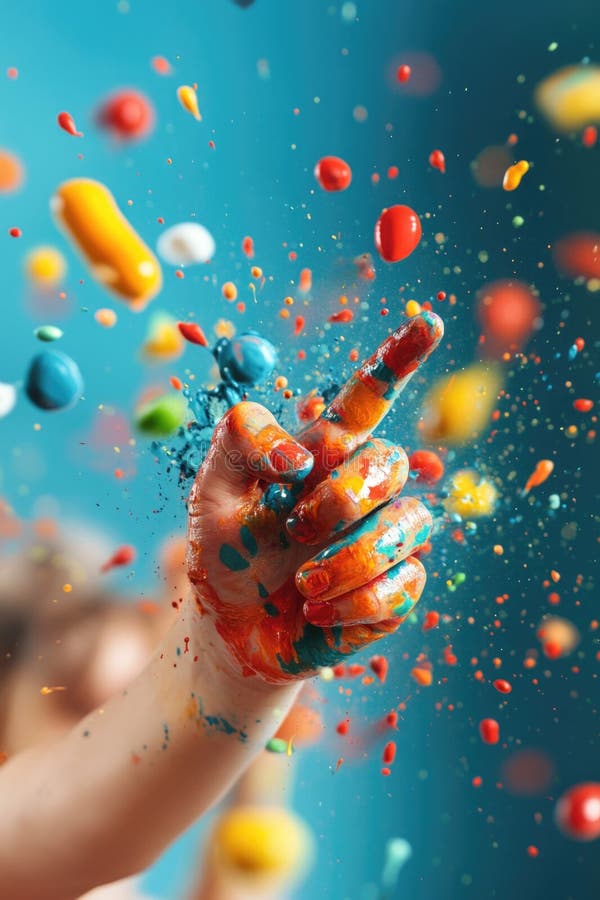 Colorful Hand Splattering Paint in Dynamic Motion Against Blue ...