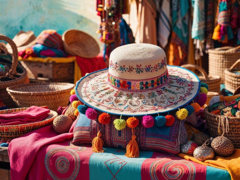 Colorful Handcrafted Hat and Textiles in Vibrant Market Setting. Stock ...