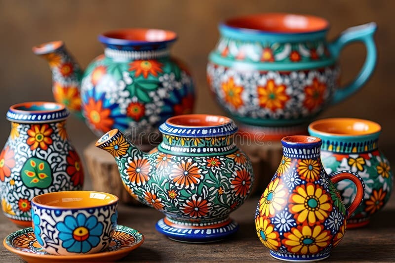 Colorful Handcrafted Mexican Pottery with Floral Patterns Stock ...