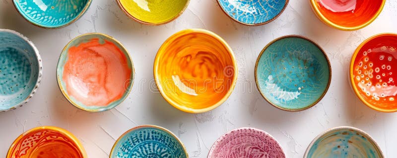 Colorful Handmade Ceramic Bowls Arranged in a Pattern on a White ...
