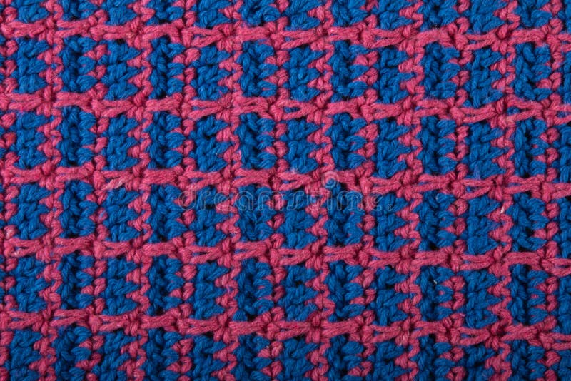 Crochet Texture Close-up of Blue, Red and Beige Threads, Top View. Hand ...