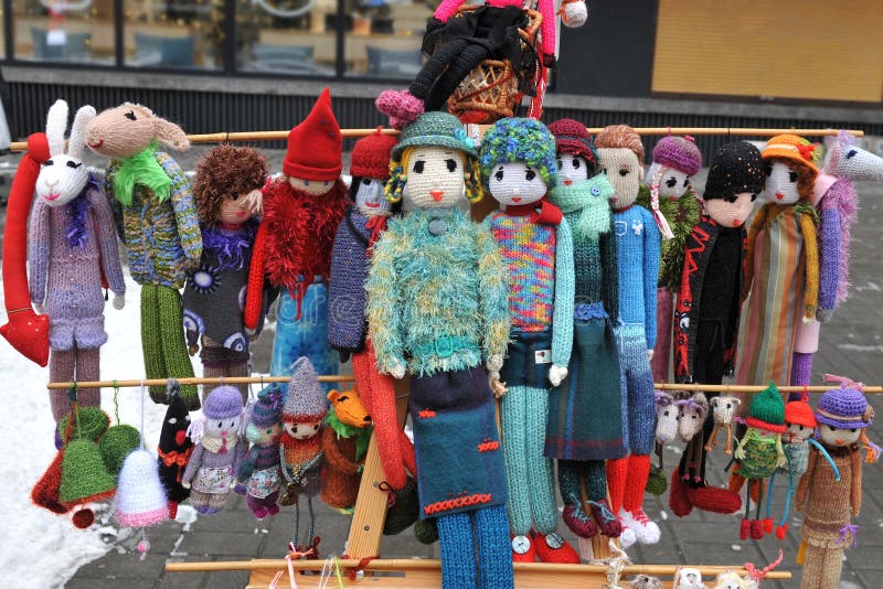 Colorful Handmade Knitted Dolls. Showcase at the Fair Stock Image ...