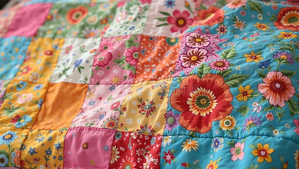 Colorful Handmade Patchwork Quilt with Floral Patterns and Intricate ...