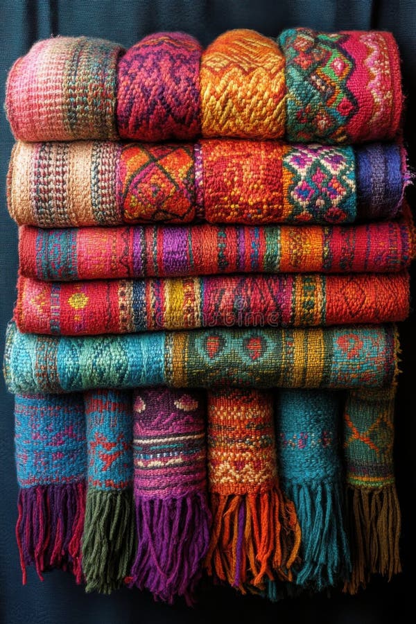 Colorful Handmade Woven Textiles Stacked with Intricate Patterns and ...