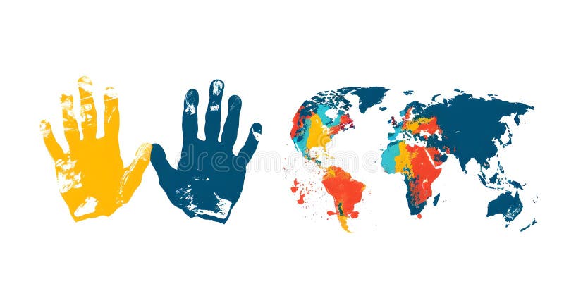 Colorful Handprints beside a World Map Symbolizing Diversity and Unity ...