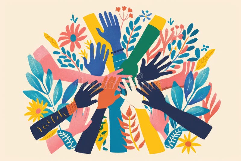 Colorful Hands and Botanical Elements in Unity and Diversity Concept ...
