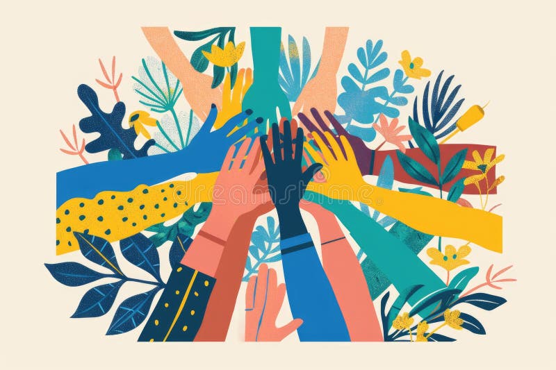 Colorful Hands and Botanical Elements in Unity and Diversity Concept ...