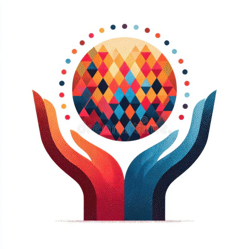 Colorful Hands Holding a Stylized Globe with Geometric Patterns Stock ...