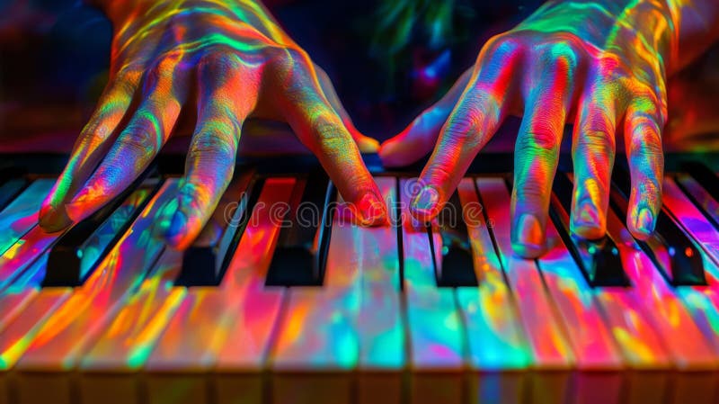 Colorful Hands Play on a Piano Keyboard. the Vibrant Reflections Create ...