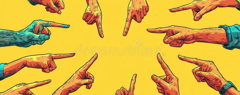 Colorful Hands Pointing in Different Directions on Yellow Background ...