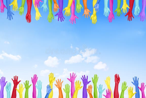 Colorful Hands Raised with Blue Sky Stock Photo - Image of clouds ...