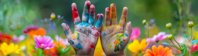 Colorful Hands Raised in a Field of Flowers Stock Illustration ...