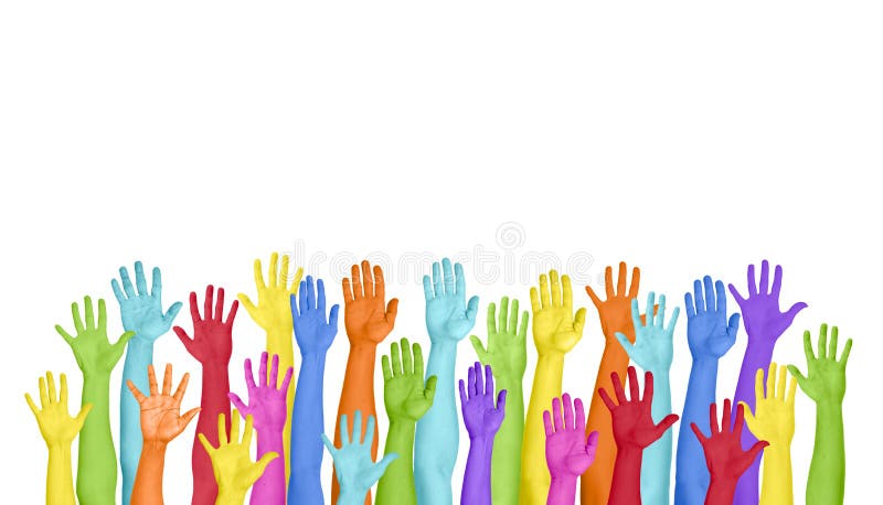 Colorful Hands Raised on White Background Stock Image - Image of human ...