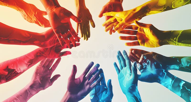 Colorful Hands Reaching Together in Circle White Background, Nity ...