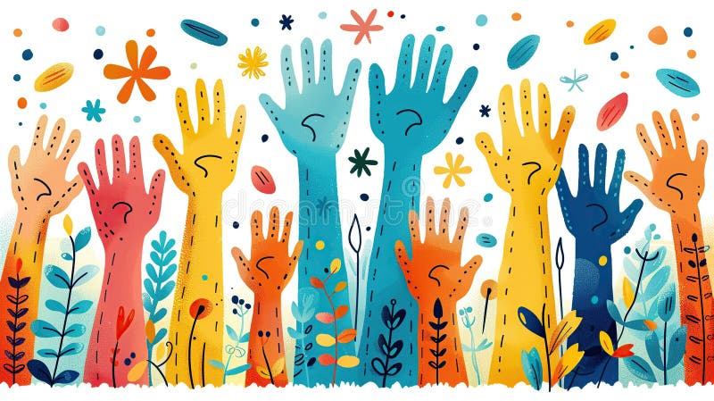 Colorful Hands Reaching Up with Floral Background Stock Illustration ...