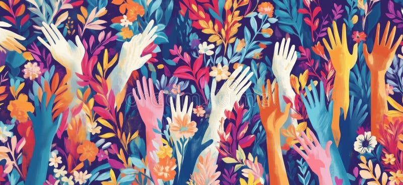 Colorful Hands Reaching Up Surrounded by Vibrant Floral Patterns and ...