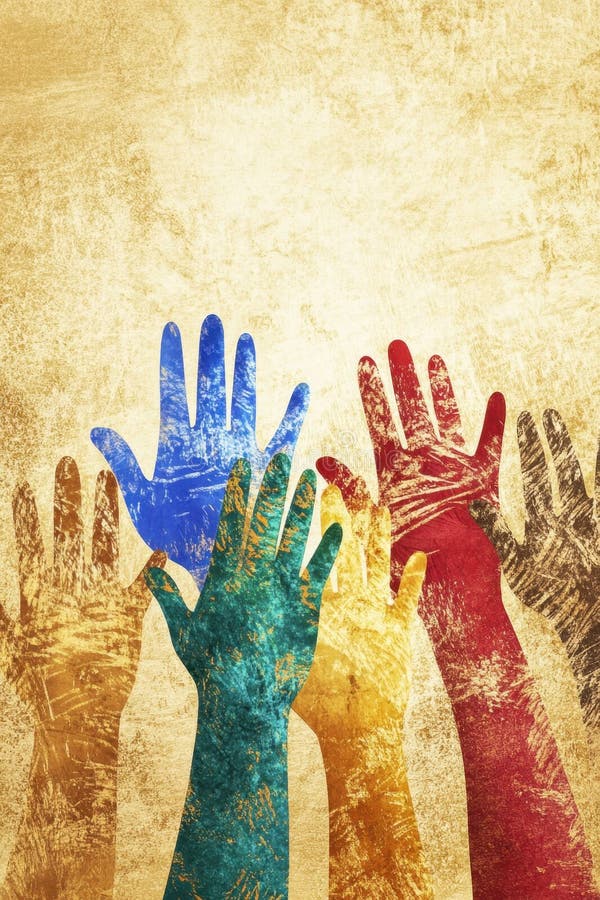 Colorful Hands Reaching Upward on Textured Background Stock ...