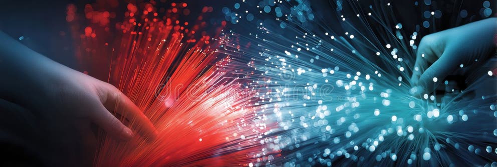 Colorful Hands Separate Glowing Red and Blue Fiber Optics while ...