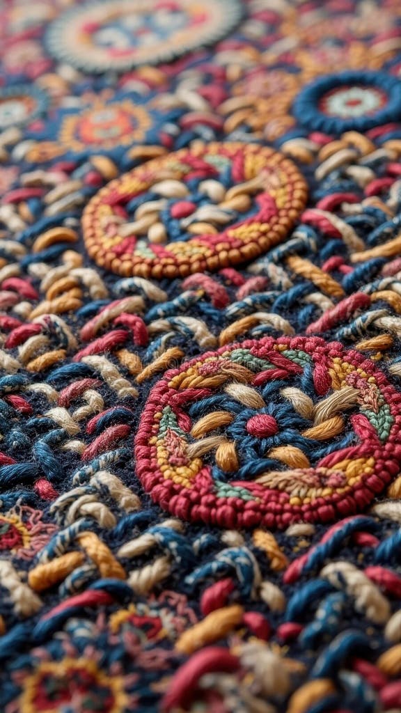 Colorful Handwoven Textile with Intricate Circular Patterns and ...