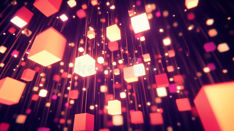 Colorful Hanging Cubes with Glowing Lights in an Abstract Digital Space ...