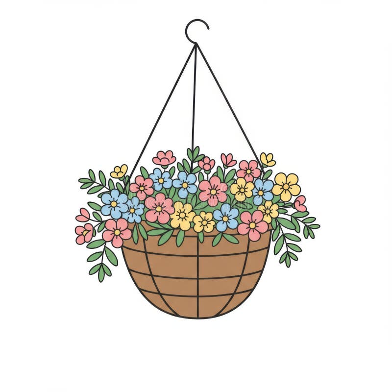 Colorful Hanging Flower Basket Illustration Stock Illustration ...