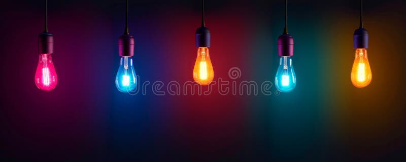 Colorful Hanging Light Bulbs on Dark Gradient Background. Creative ...