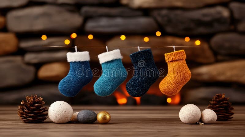 Colorful Hanging Socks in Festive Setting with Pinecones and ...