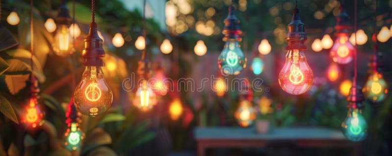 Colorful Hanging String Lights in an Outdoor Garden Setting Stock Photo ...