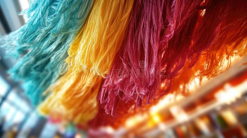 Colorful Hanging Threads Display in Vibrant Textile Arrangement Stock ...