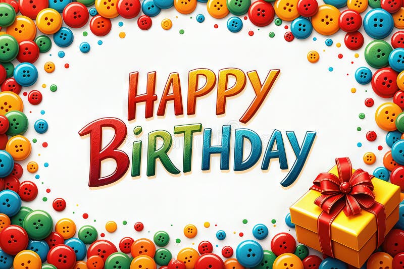 Colorful Happy Birthday Card with Buttons and Gift Stock Illustration ...