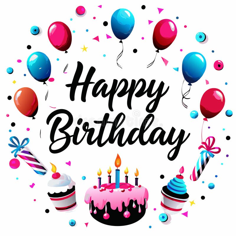 Colorful Happy Birthday Design with Balloons, Cake, and Candy Stock ...