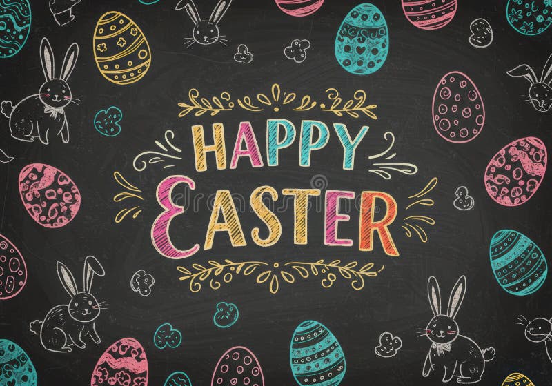 Colorful Happy Easter Chalkboard Design with Eggs and Bunnies in Pastel ...
