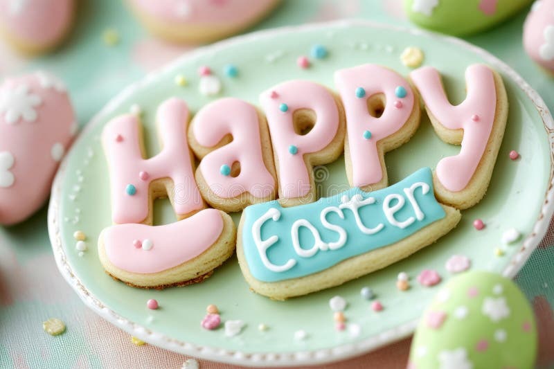 Colorful Happy Easter Cookie on Pastel Plate with Sprinkles and ...