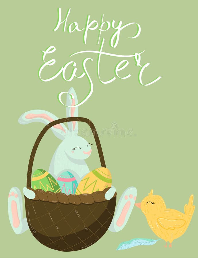 Colorful Happy Easter Greeting Card With Rabbit Bunny And Text Stock