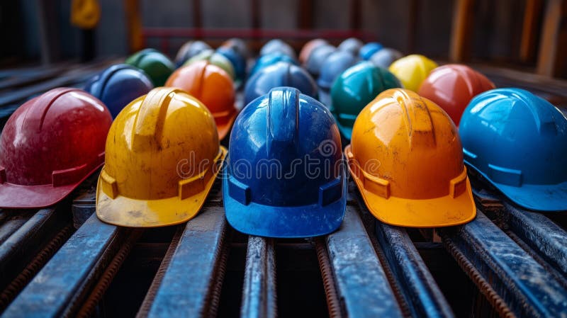 Colorful Hard Hats Arranged on a Table in Bright Light Stock Photo ...