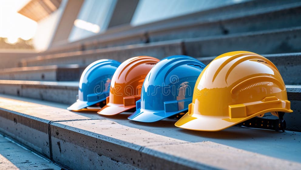 Colorful Hard Hats Representing Construction Workers Resting on Steps ...
