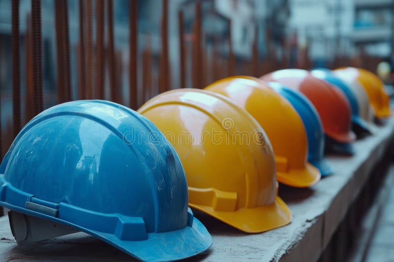 Colorful Hard Hats Resting on Concrete Beam at Construction Site ...