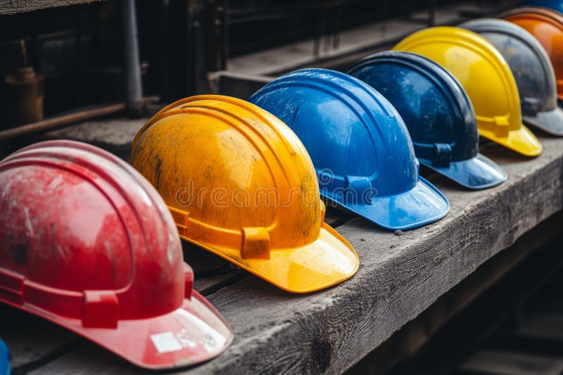 Colorful Hard Hats Resting on Wooden Shelf in Construction Site ...
