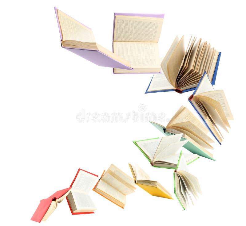 Colorful Hardcover Books Flying on White Background Stock Image - Image ...