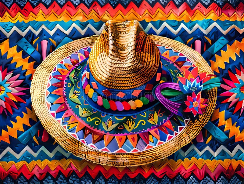 A Colorful Hat on a Mexican Rug Stock Photo - Image of straw, headdress ...