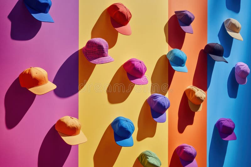 Colorful Hats and Caps Float Dynamically Over a Vibrant Abstract ...