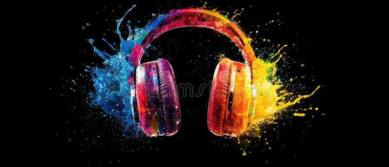 Colorful Headphones with Splashes of Paint on a Black Background Stock ...