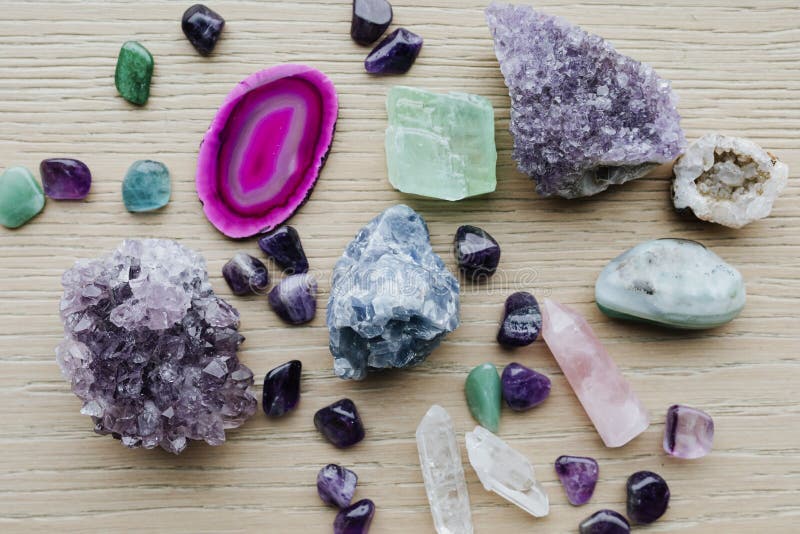 Colorful Healing Crystals on a Wooden Table Stock Image - Image of ...