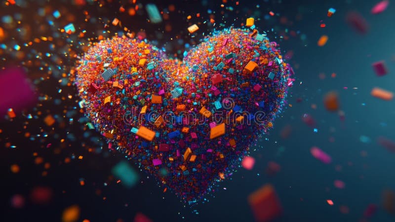 Colorful Heart Exploding with Tiny Cubes and Particles on Dark ...