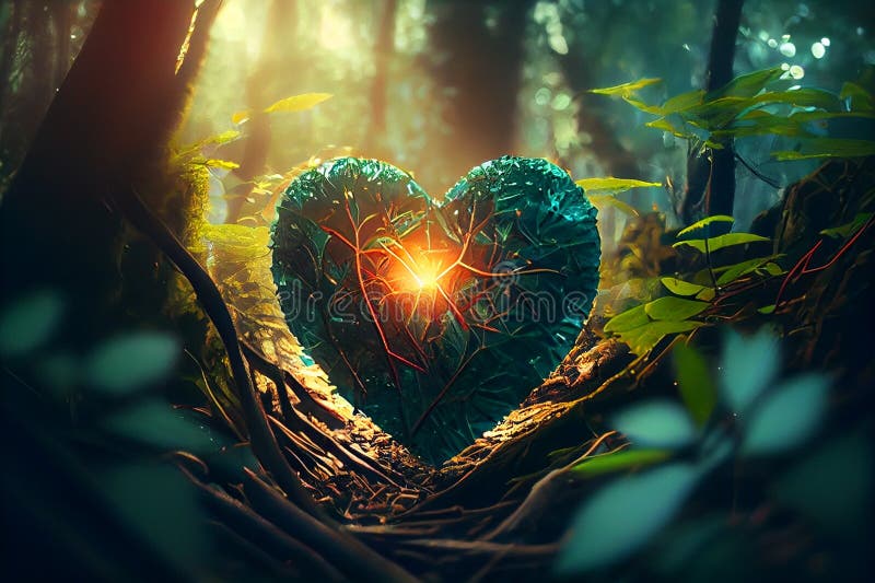 A Colorful Heart in a Green Forest Shining with Rays of Light ...