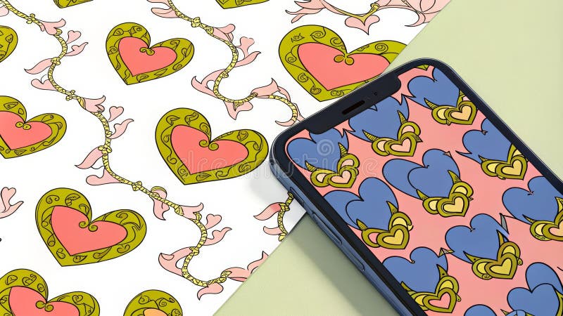 Colorful Heart Patterns on Paper and Smartphone Screen Stock Image ...