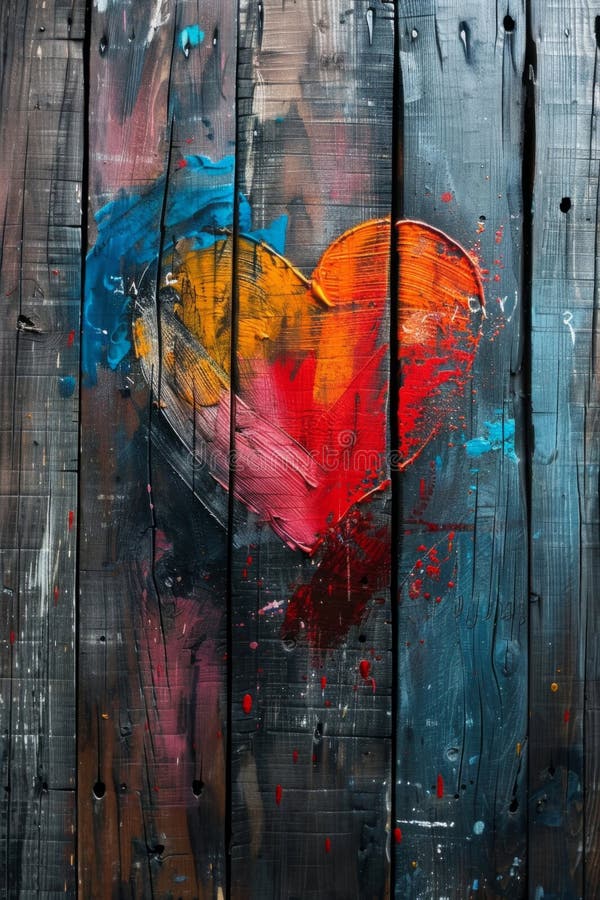 Colorful Heart Shape Painted on Rustic Wooden Planks Background Stock ...
